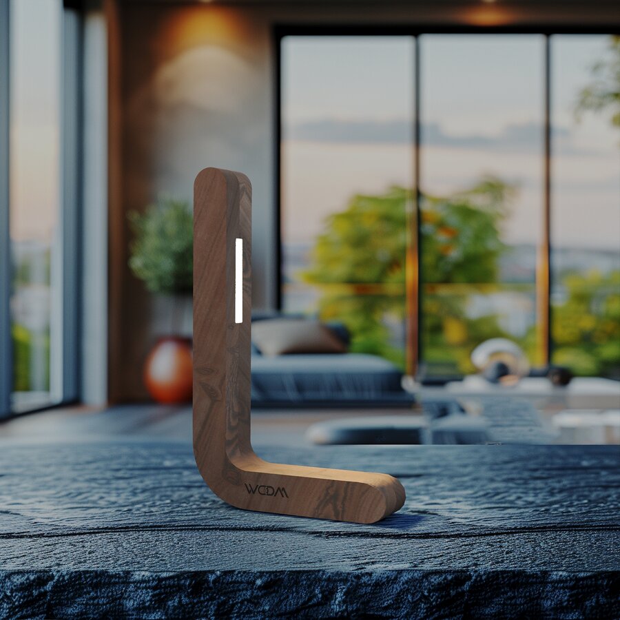 Walnut L-Shaped Wooden Table Lamp – Minimalist LED Light – WOOM